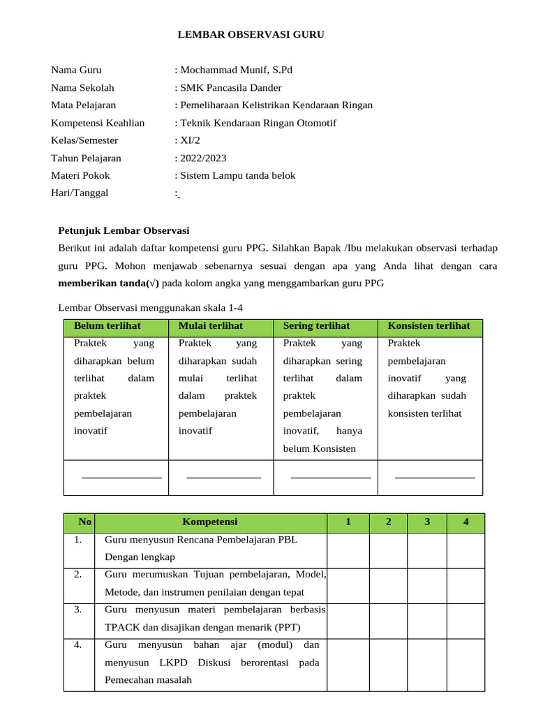Lembar Observasi Guru | PDF