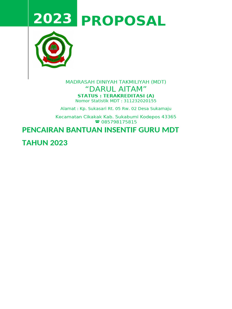 Proposal Permohonan Pencairan Insentif Guru MDT 2023 | PDF