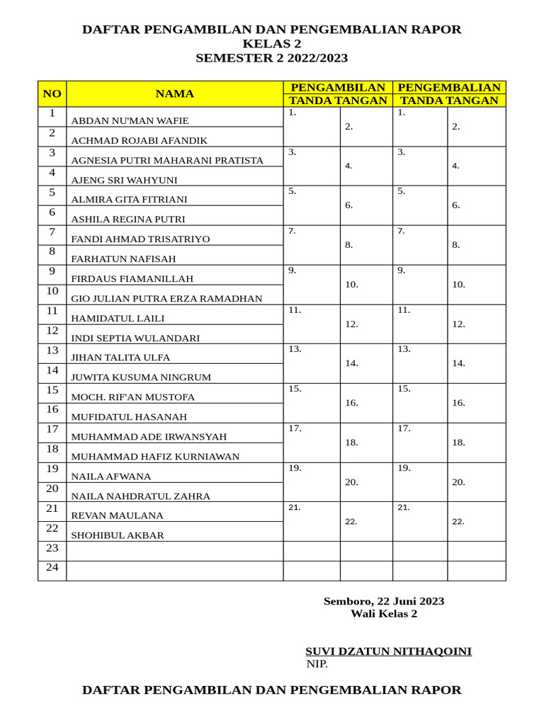 Daftar Pengambilan Dan Pengembalian Rapor | PDF