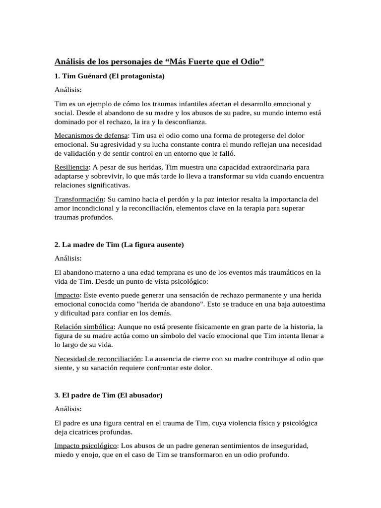 Análisis de personajes en "Más Fuerte que el Odio" | PDF | Ira ...