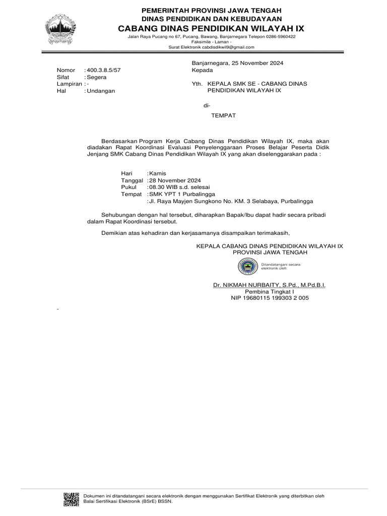 Undangan Rapat Koordinasi Evaluasi Penyelenggaraan Proses Belajar Peserta Didik Jenjang SMK | PDF