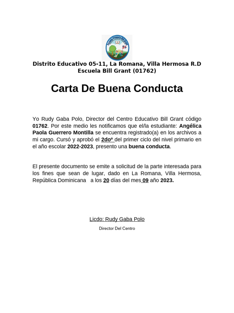 Patron de Carta de Buena Conducta de Centros Educativos | PDF