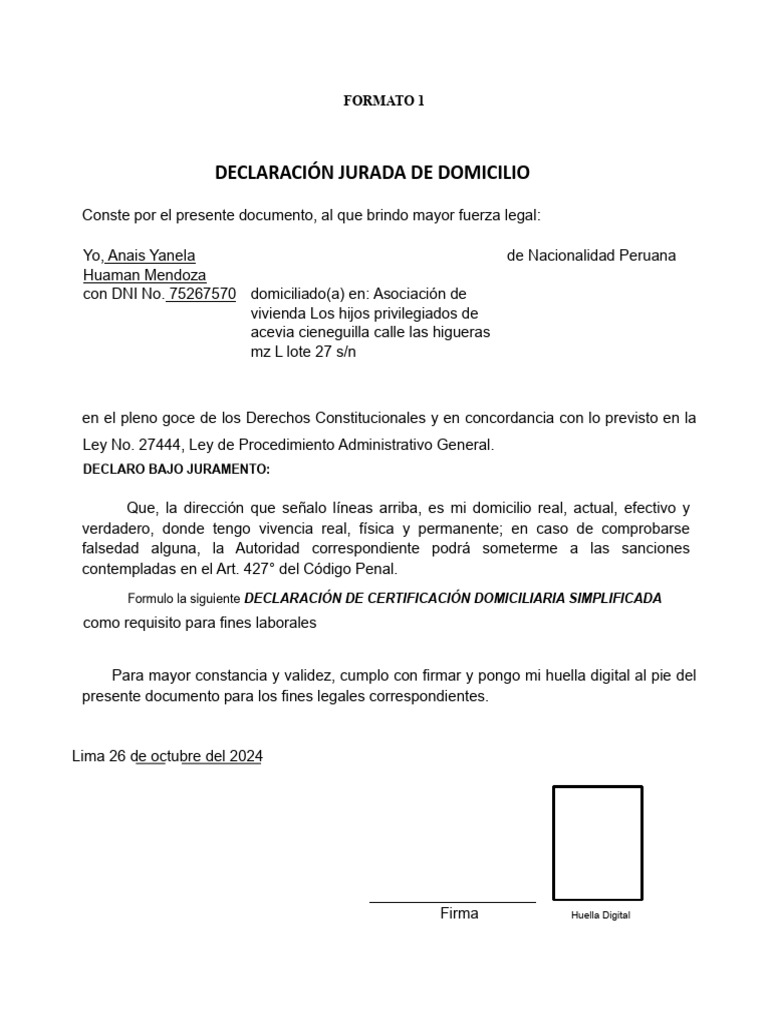 Formato Declaracion Jurada Domicilio PDF | PDF