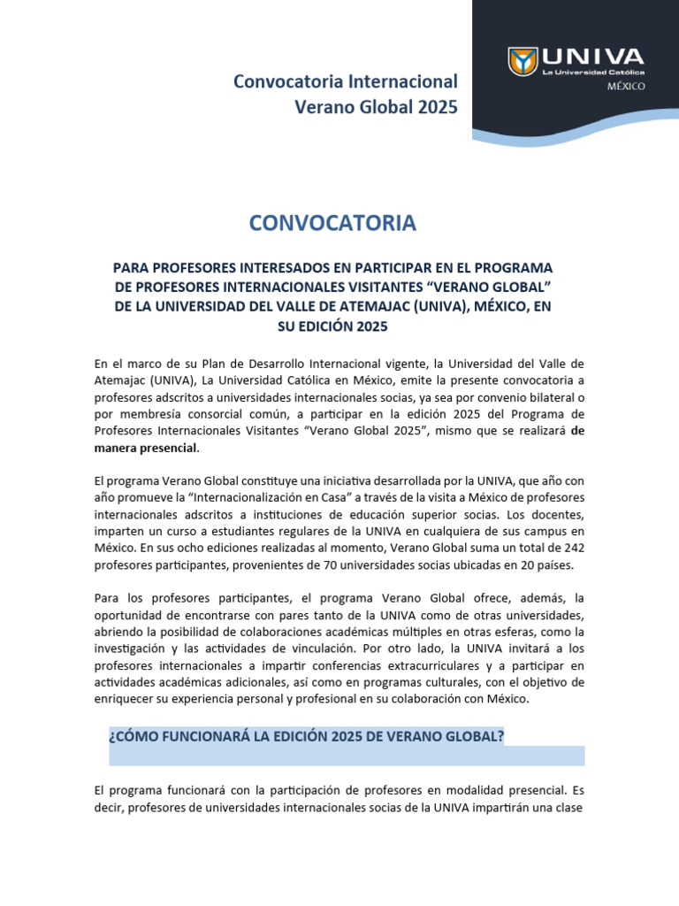 UNIVA - MX Convocatoria Verano Global 2025 | PDF | Universidad | Maestros