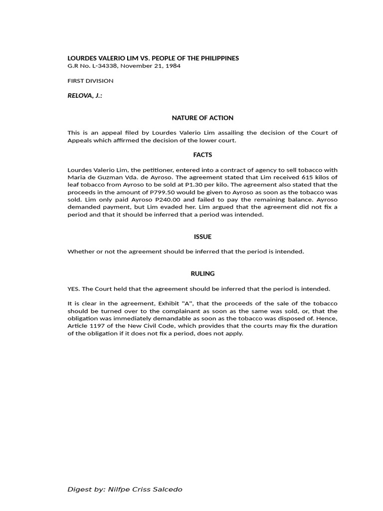 ObliCon Case Digest - Lim vs. People | PDF