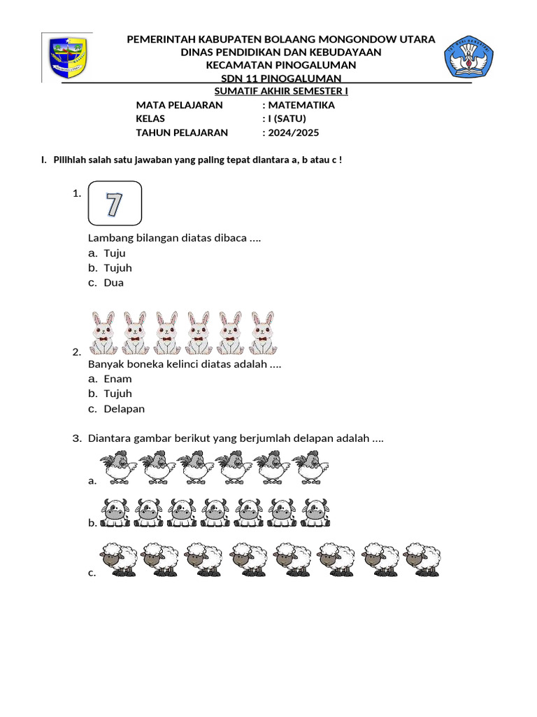 Soal SAS 1 MTK Kelas 1 | PDF