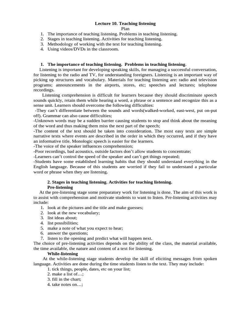 Lecture 10 Teaching Listening Pdf Speech Reading Comprehension