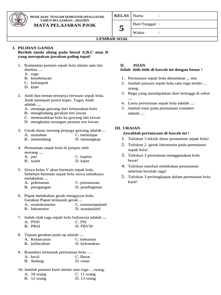 Soal Pts Ganjil Pjok Kelas 5 | PDF