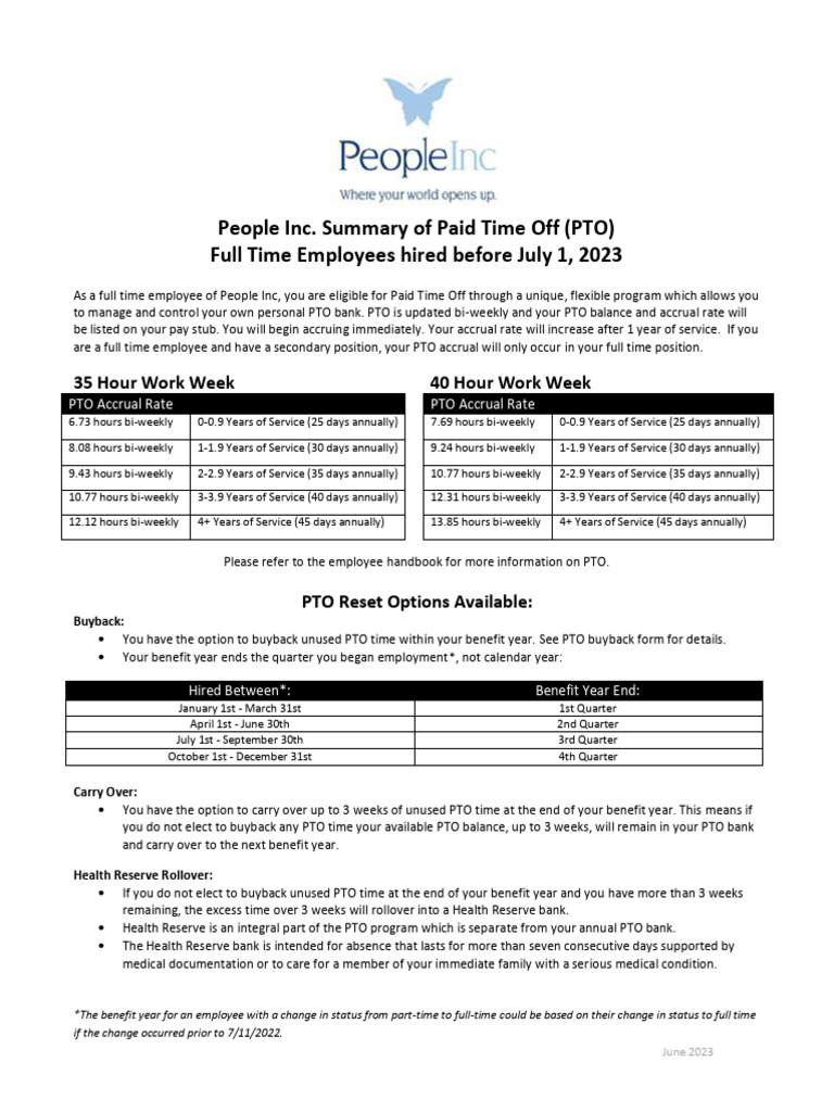 PTO Summary - Full Time Employees Hired Before 7.1.2023 | PDF | Accrual ...