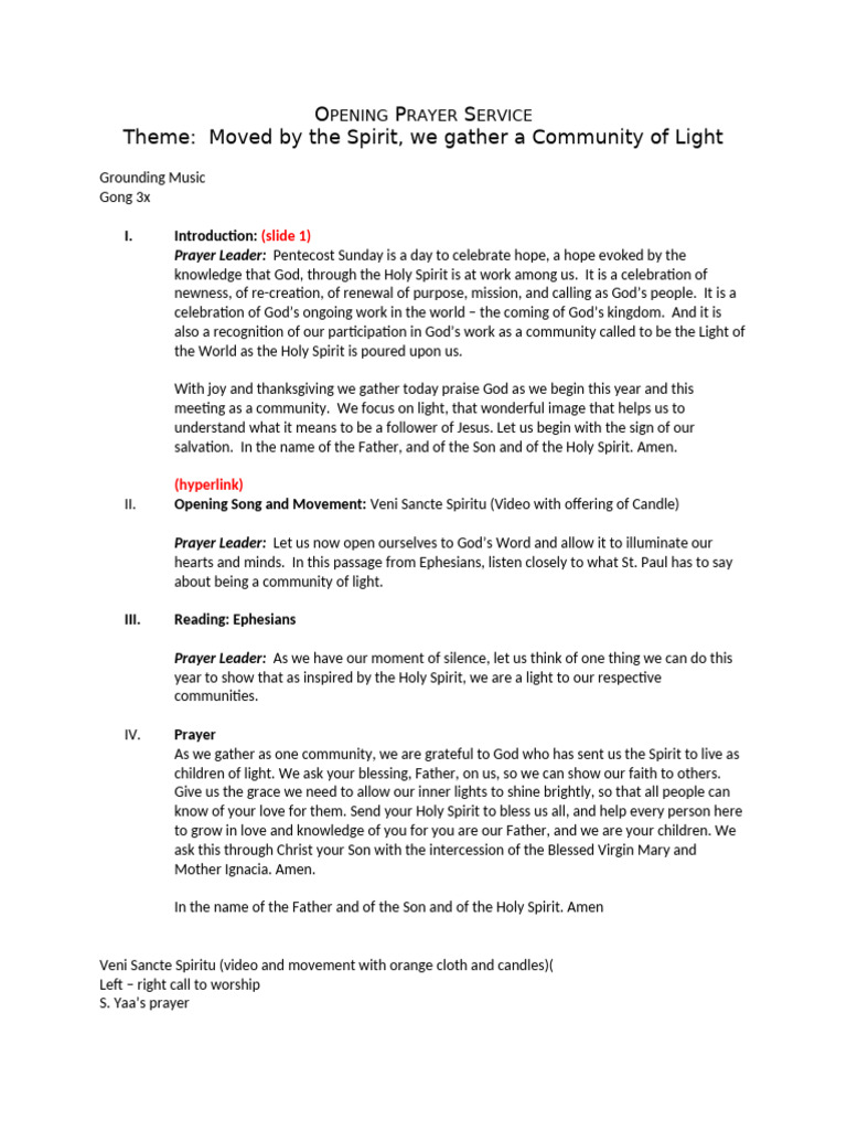 Opening Prayer Service | PDF | Eucharist | Pentecost