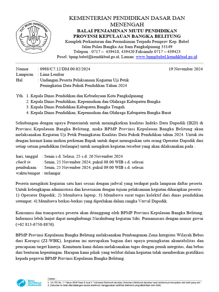 Undangan Peserta Pelaksanaan Kegiatan Uji Petik Peningkatan Data Pokok Pendidikan Tahun 2024 | PDF