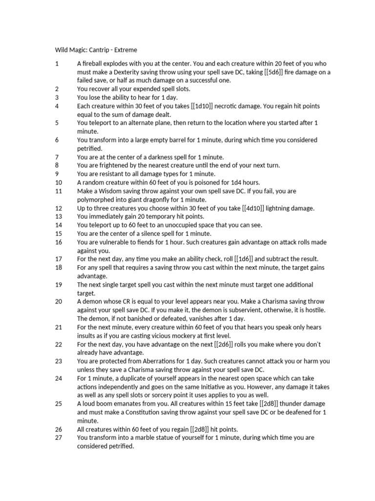Wild Magic Cantrips and Effects | PDF