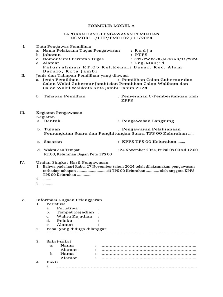 Form LHP PTPS (Contoh) | PDF