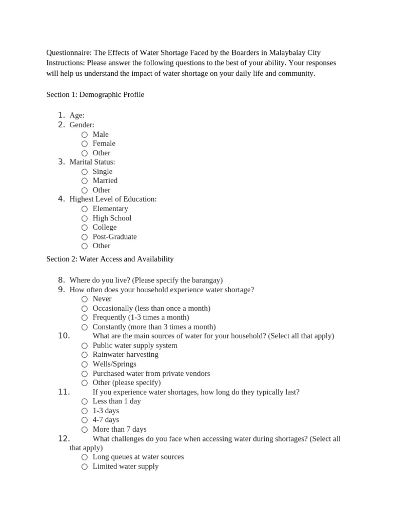 Questionnaire - The Effects of Water Shortage Faced by The Boarders in ...