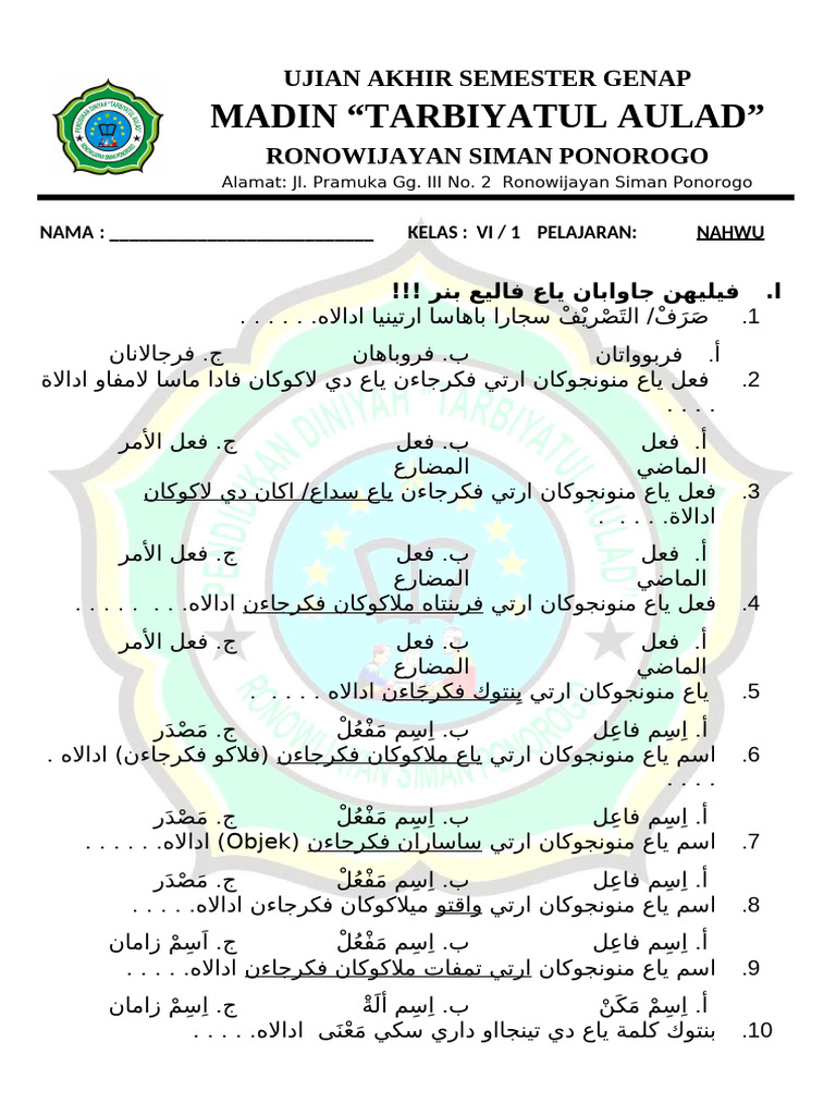 Soal Shorof Kelas 6 Semester 1 | PDF