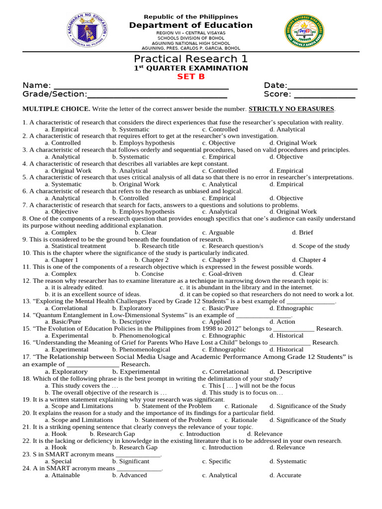 Practical Research 1 Exam Set B | PDF | Qualitative Research ...