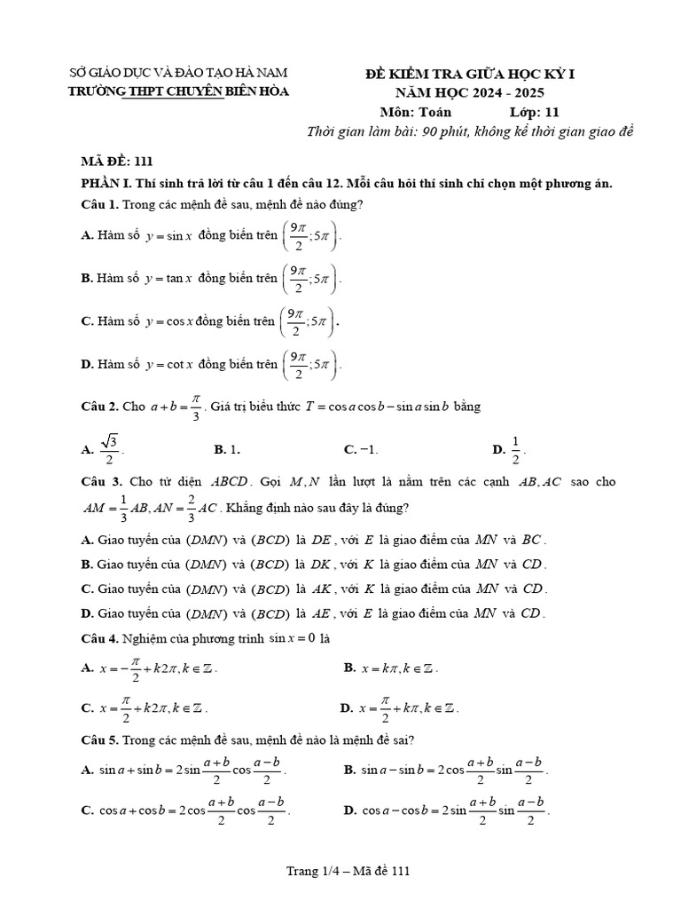 Đề Toán GK1 Chuyên Biên Hòa - Hà Nam | PDF