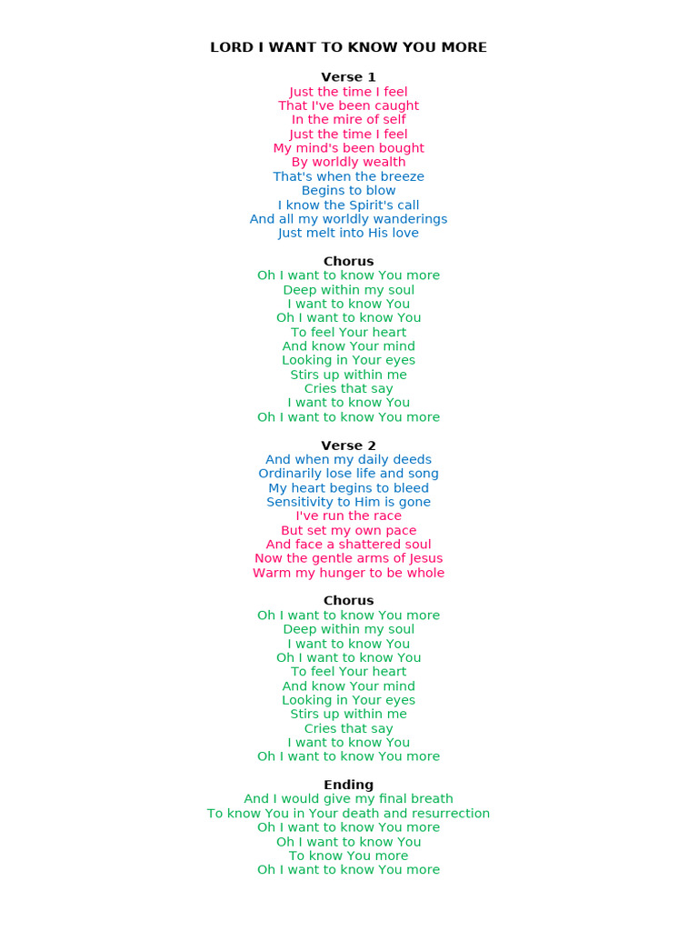 Lord, I Want to Know You More Lyrics | PDF