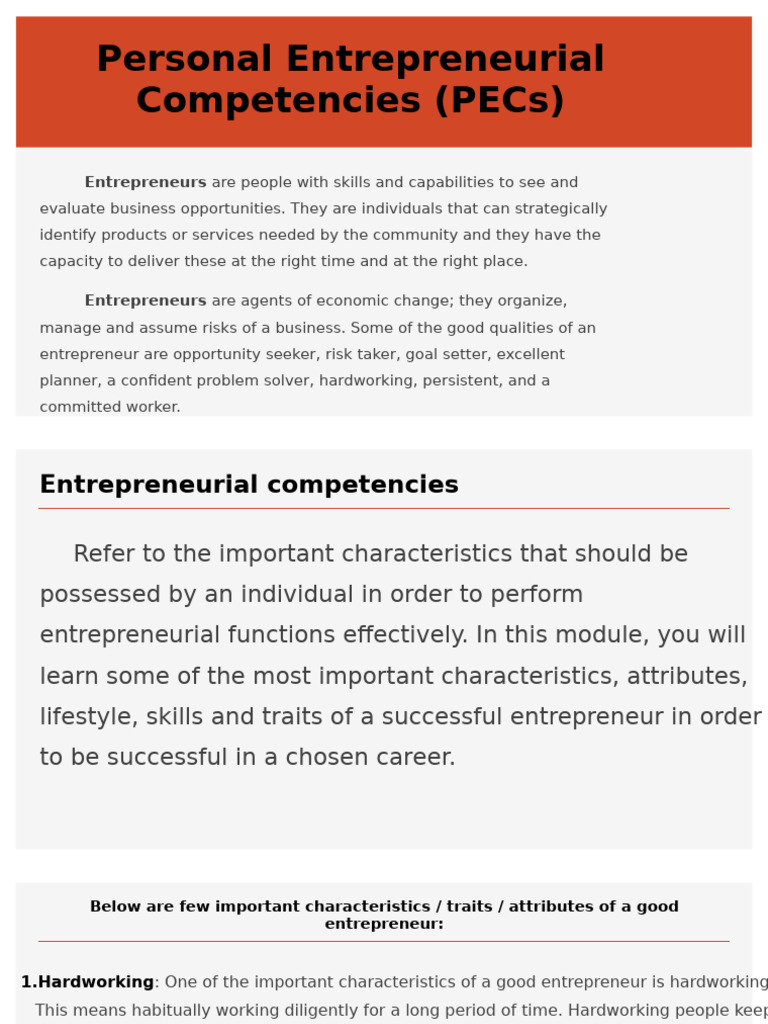 Personal Entrepreneurial Competencies PECs | PDF | Entrepreneurship ...
