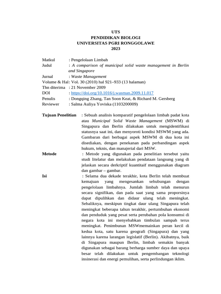 UTS REVIEW JURNAL Pengelolaan Limbah - SALMA AULIYA YOVISKA | PDF