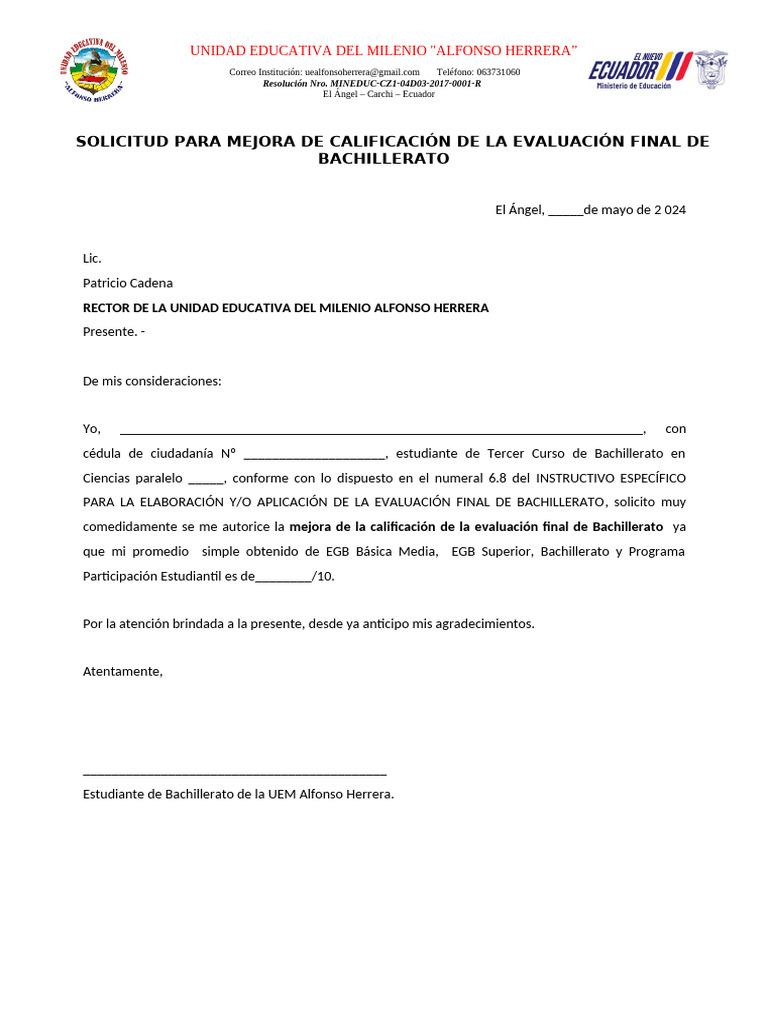 Solicitud de Mejora de Calificacion Final de Bachillerato. | PDF