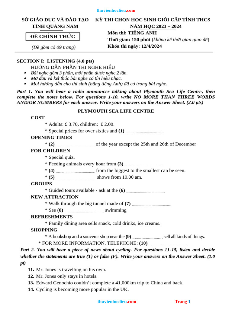 De Thi HSG Anh 9 Quang Nam 23 24 | PDF | Whales