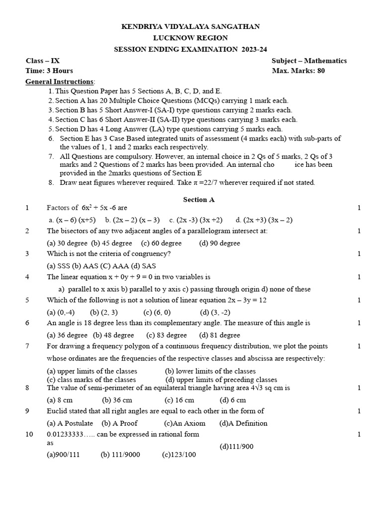 Class - Ix Mathematics Previous Year Question Paper 2023-24 | PDF ...