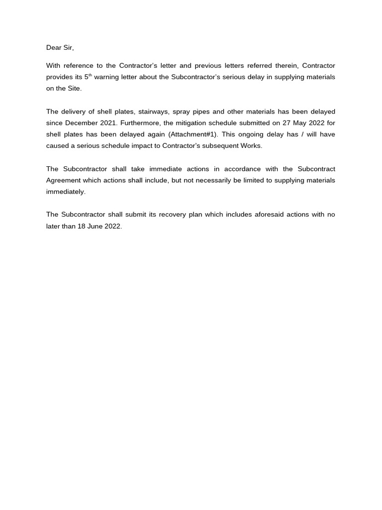 Subcontractor Delay Warning Letter | PDF