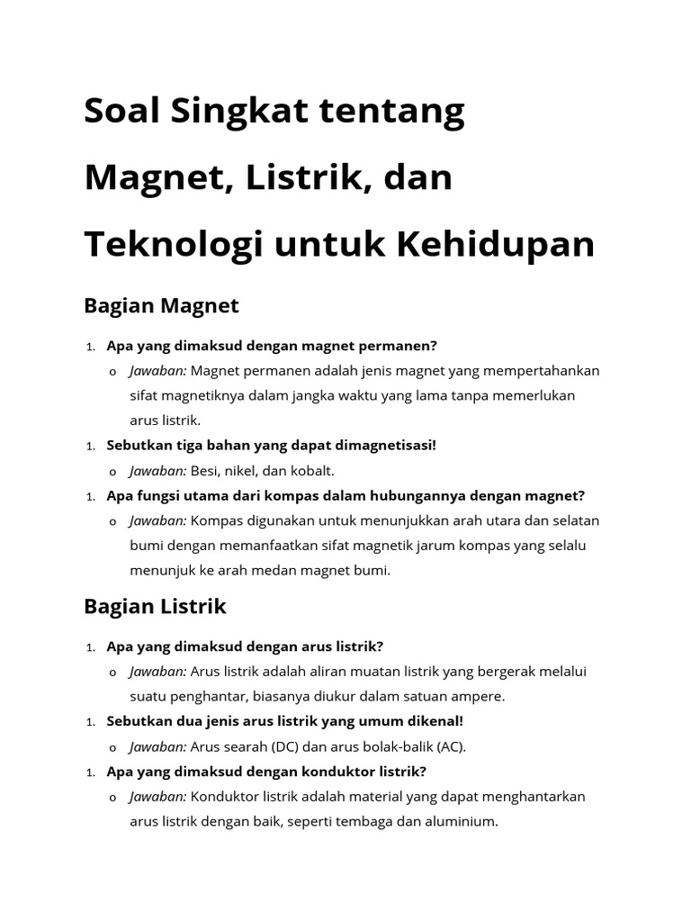 Soal Singkat Tentang Magnet, Listrik, Dan Teknologi Untuk Kehidupan | PDF