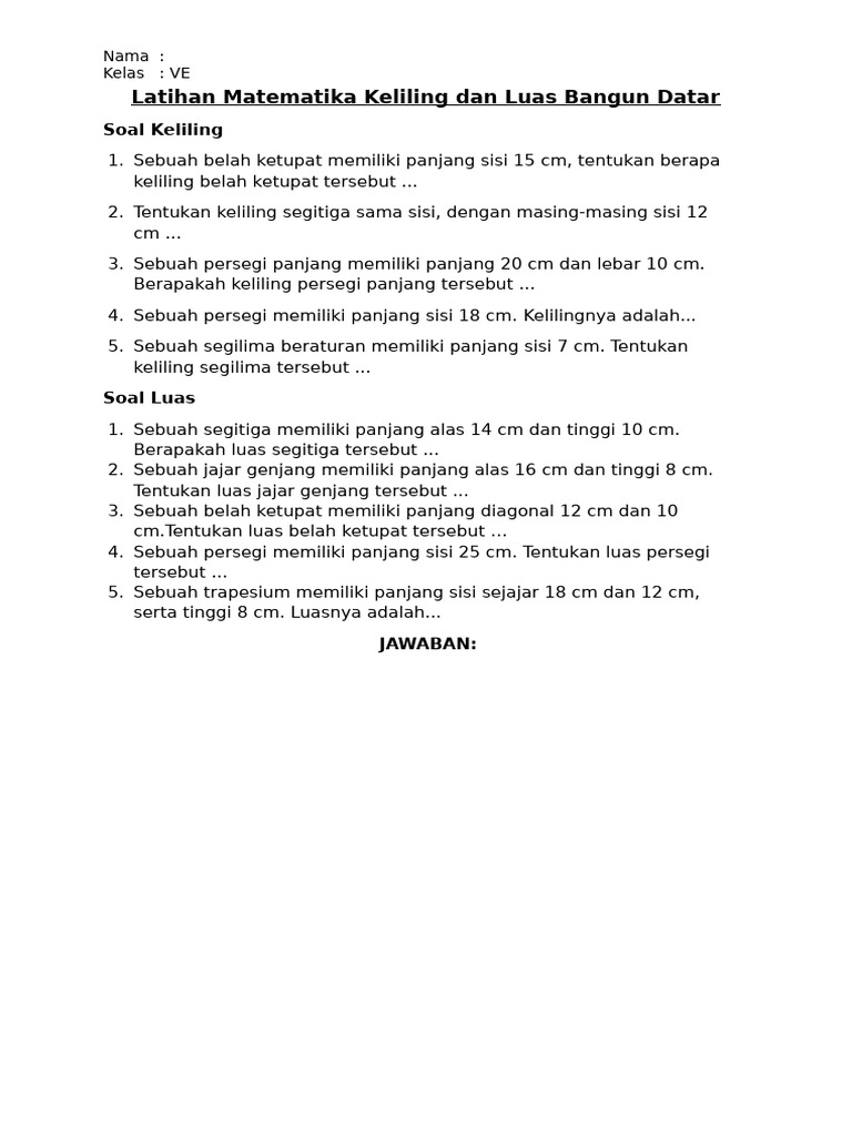 Latihan Matematika Keliling Dan Luas Bangun Datar | PDF