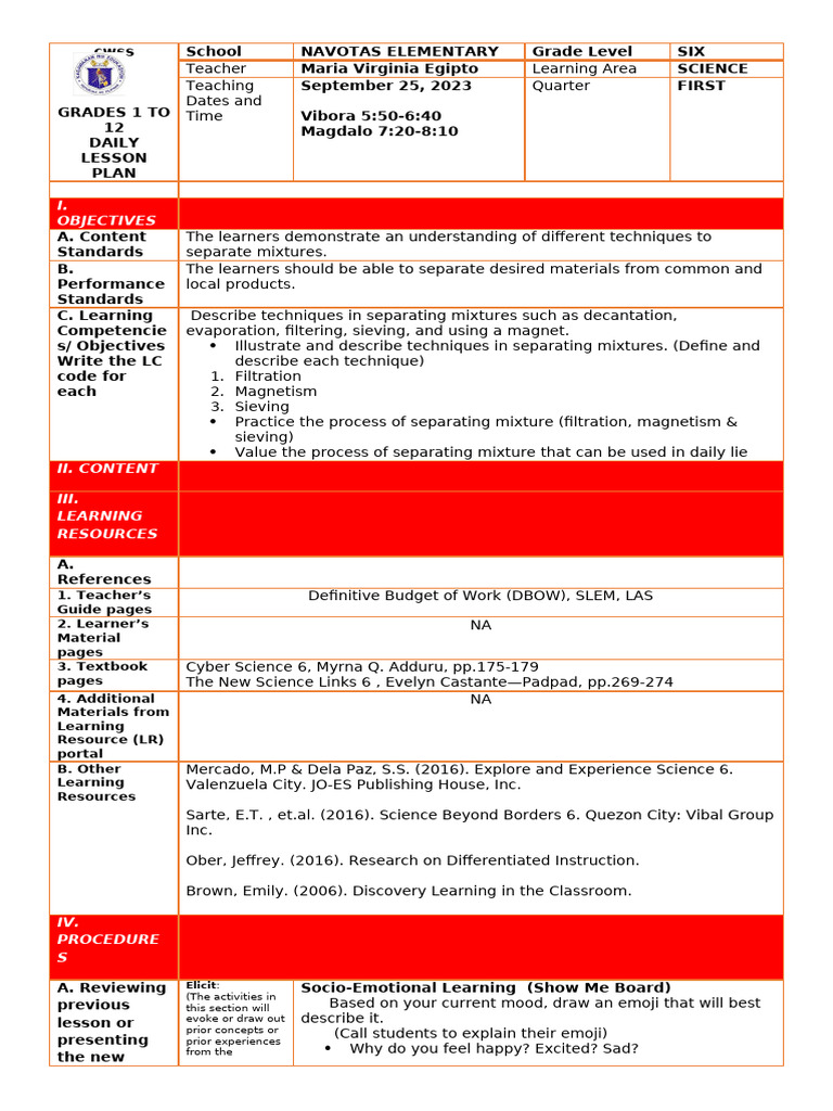 Grade 6 Science Lesson Plan: Mixture Separation Techniques | PDF | Filtration