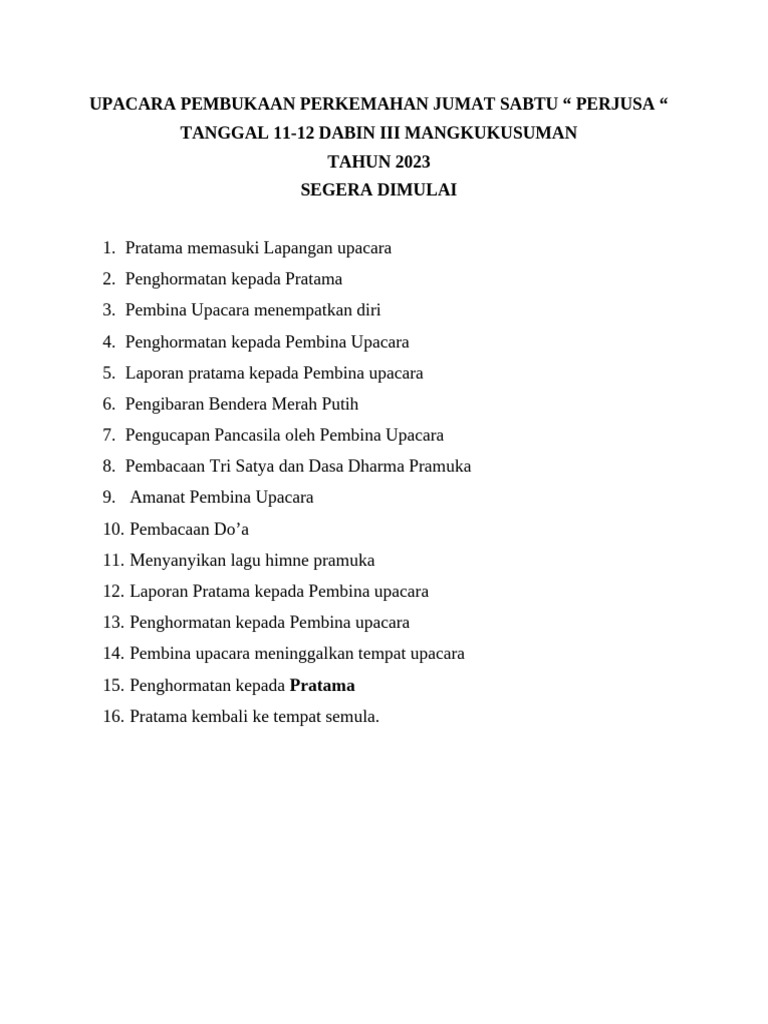 Susunan Acara Pembukaan Perjusa | PDF