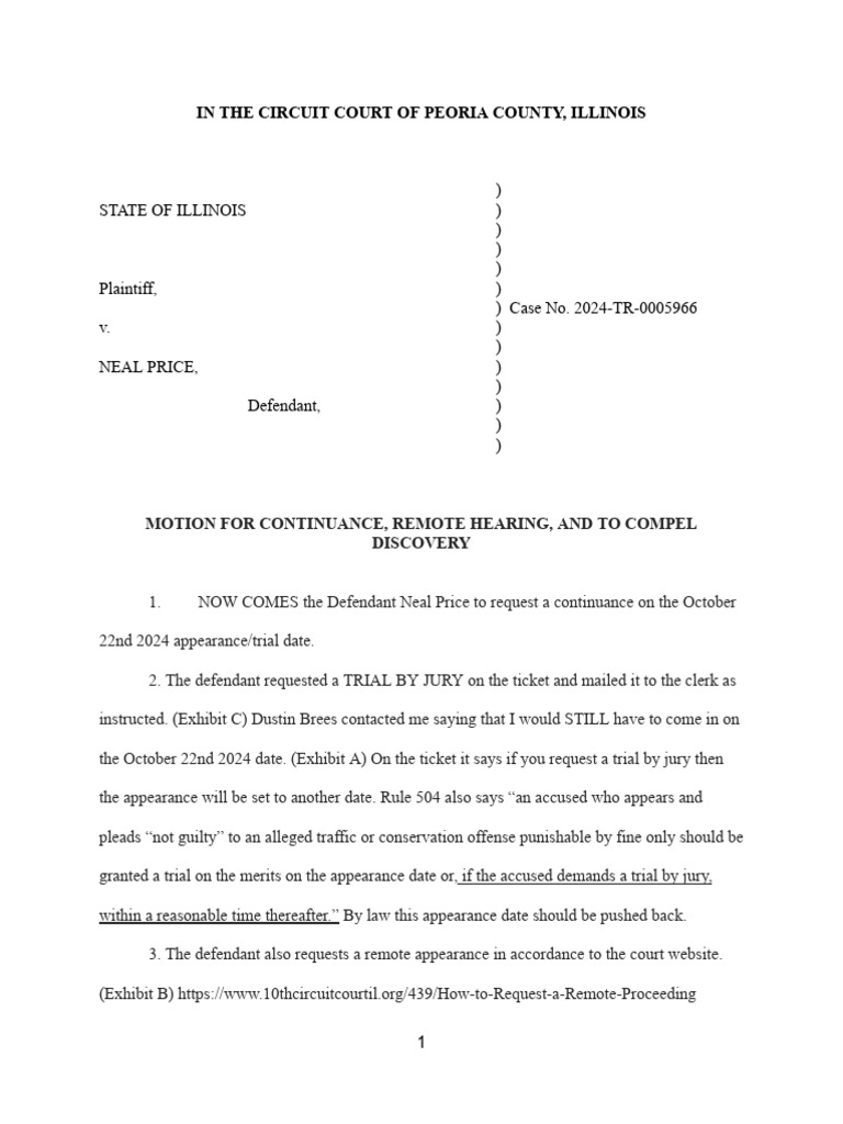 Motion For Continuance, Remote Hearing, and To Compel Discovery | PDF ...