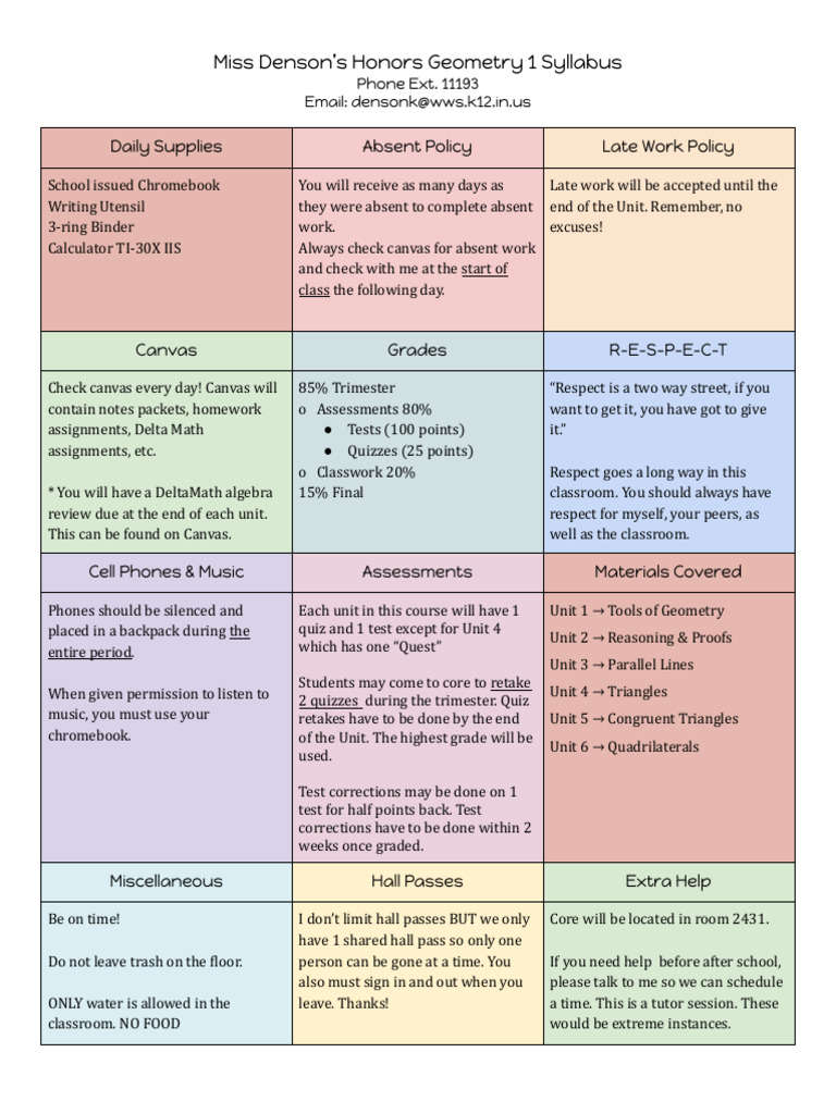 Denson Honors Geometry 1 Syllabus | PDF