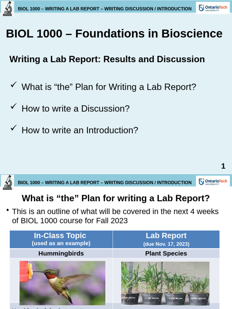 BIOL1000-F23-W6-Lecture 12-Writing A Lab Report-Discussion-Introduction ...