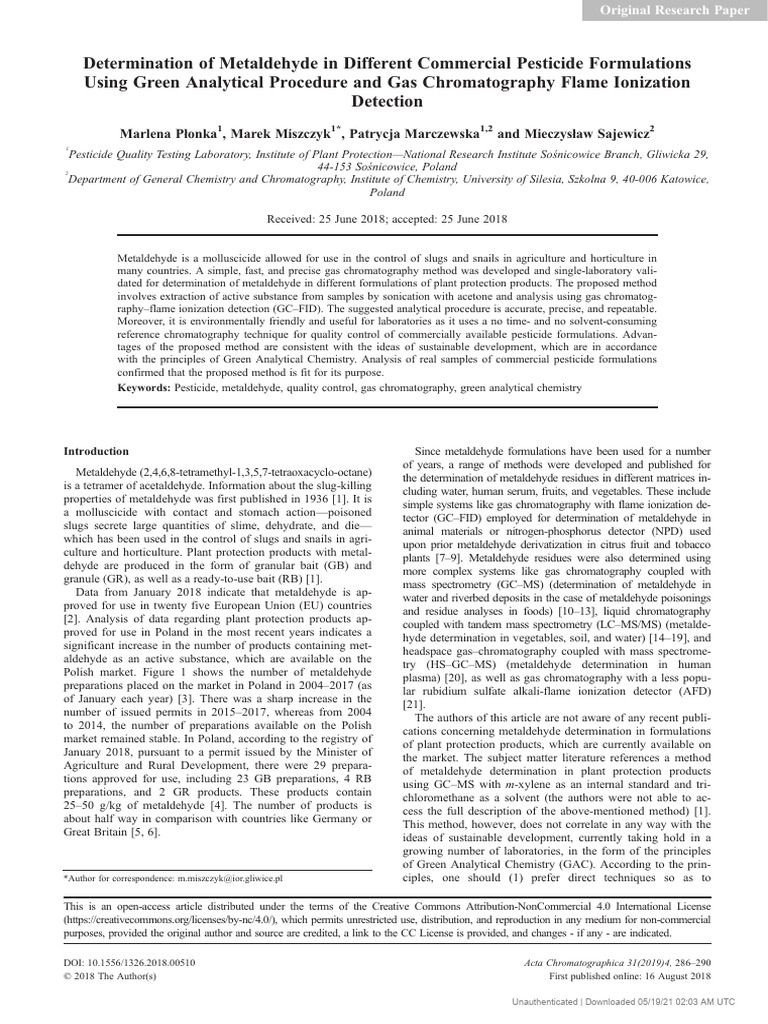 (20835736 - Acta Chromatographica) Determination of Metaldehyde in ...
