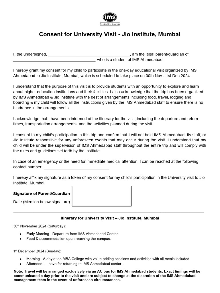 Consent Letter - Jio Institute Visit 2024 - IMS Ahmedabad | PDF