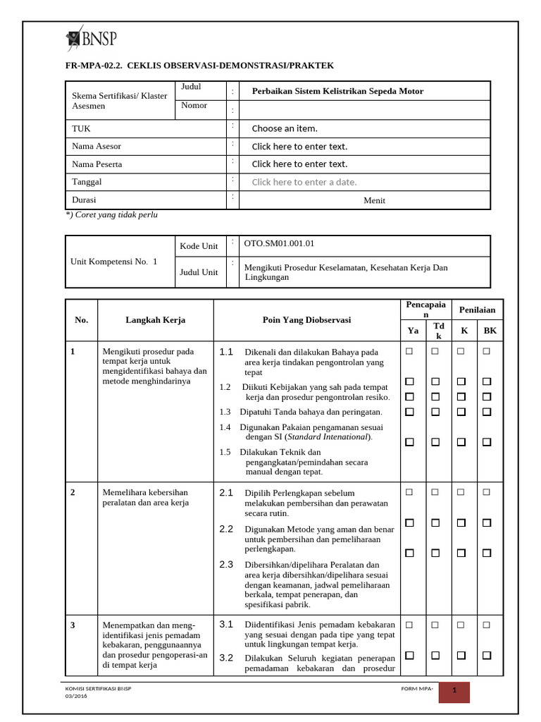 Ceklis Observasi Perbaikan Kelistrikan Motor | PDF