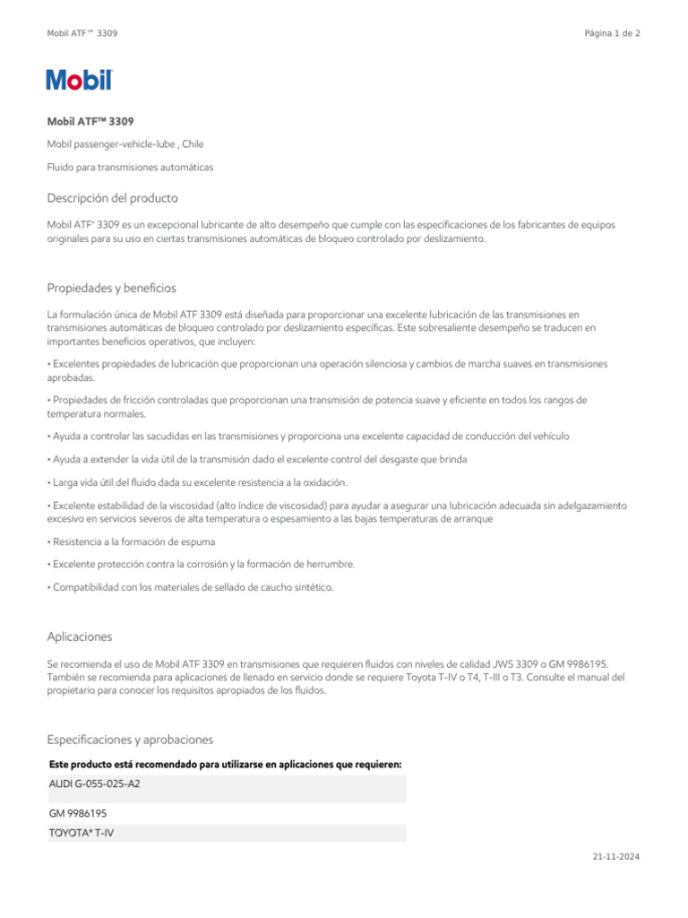 Mobil ATF™ 3309 | PDF | Lubricante | Física Aplicada e Interdisciplinaria