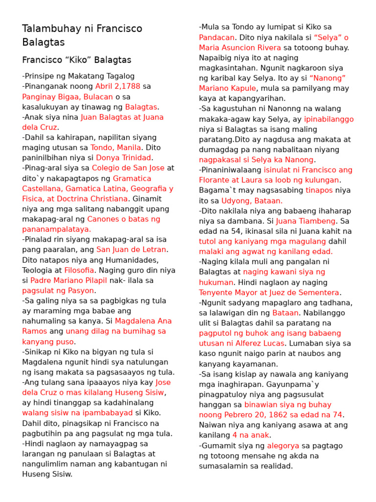 Talambuhay Ni Francisco Balagtas | PDF
