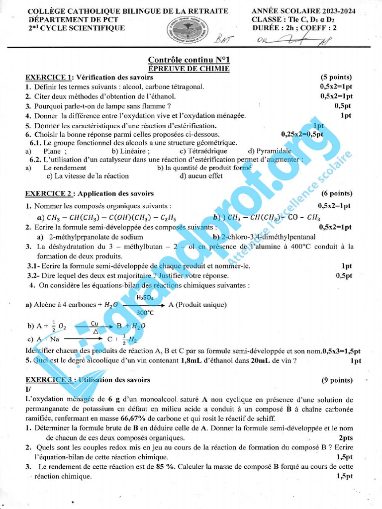 Chimie TleCD Perso1 College Bilingue Retraite 2023 2024 | PDF