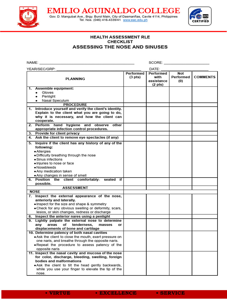 Nose and Sinuses Health Assessment Checklist | PDF | Human Nose | Rhinology