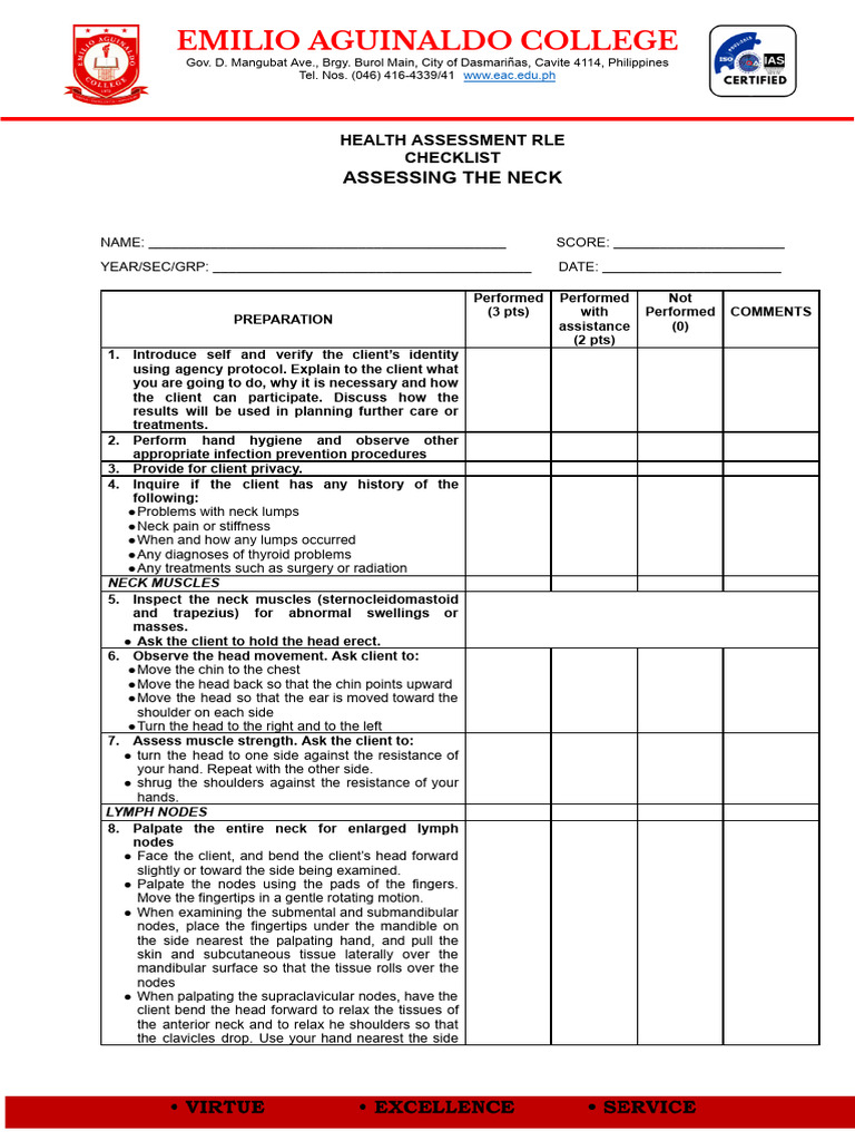Neck Health Assessment Checklist | PDF | Neck | Human Anatomy