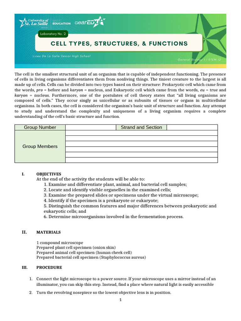 Lab #2 - Cell Types, Structures, and Functions | PDF | Cell (Biology ...