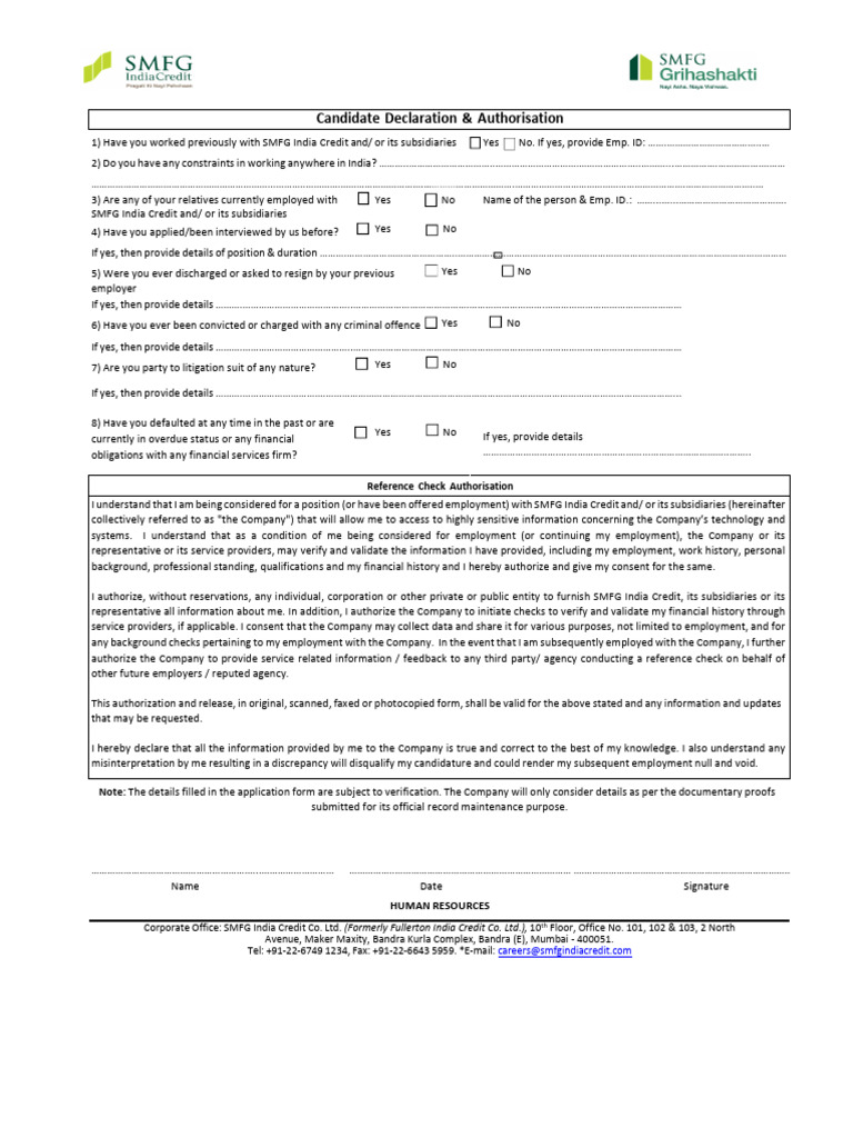 Candidate Declaration & Authorisation Form (CIBIL) | PDF | Indemnity ...