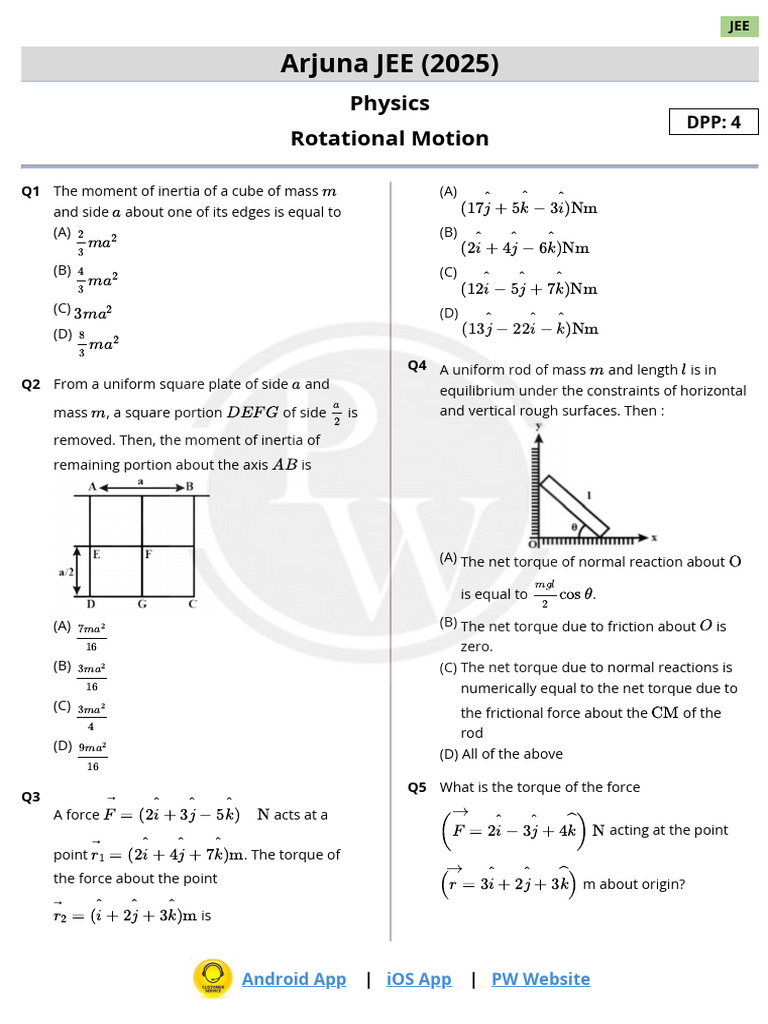 Rotational Motion - DPP 04 (Of Lec 06) - Arjuna JEE 2025 | PDF | Torque | Force