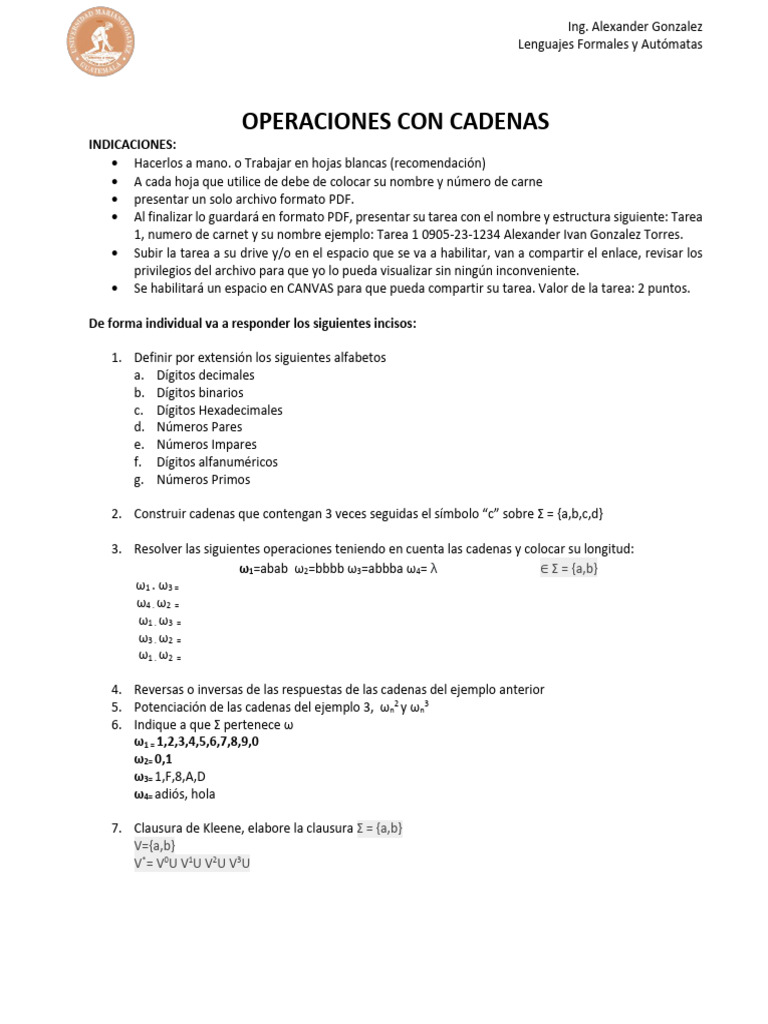Tarea 1 Operaciones Con Cadenas | PDF