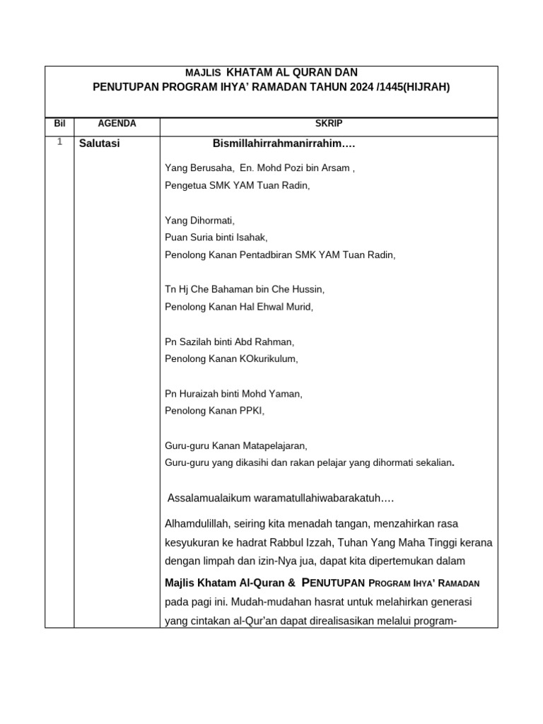 TEKS EMCEE Mjlis Khatam Al Quran | PDF
