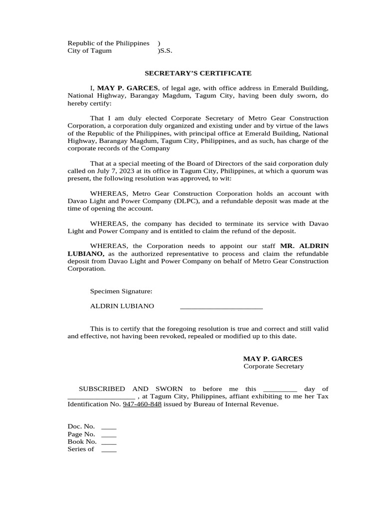 Secretary-Certificate DLPC | PDF