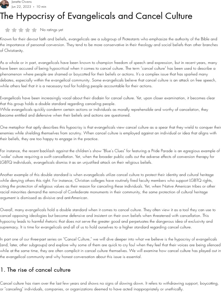 The Hypocrisy of Evangelicals and Cancel Culture PDF | PDF | Freedom Of Speech | Toleration